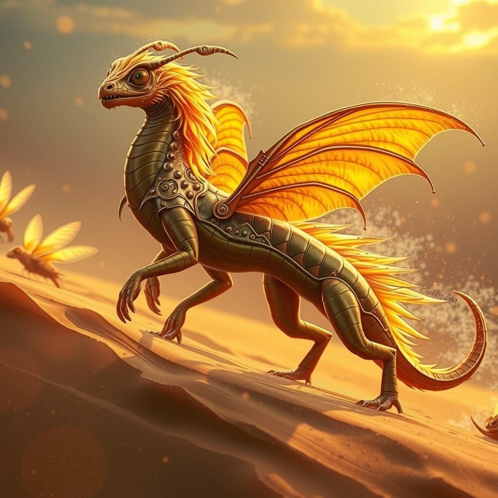 Surreal Firefly Hero Battles Golden Sand Dragon in... - AI Art