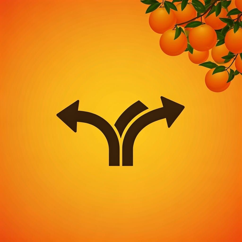 An icon of an arrow splitting left and right against a realistic orange ...