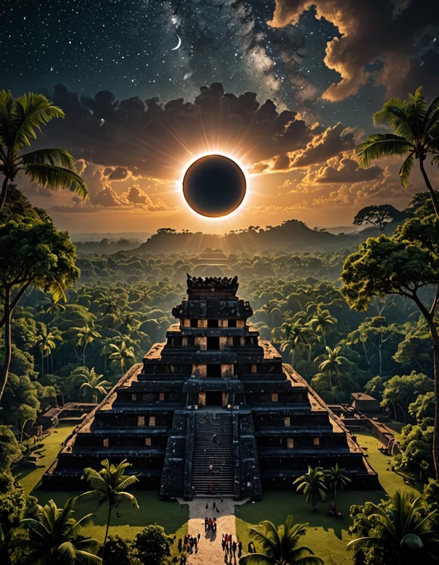 Realistic Photograph of total solar eclipse over a newly constructed Mayan temple in the jungle ...