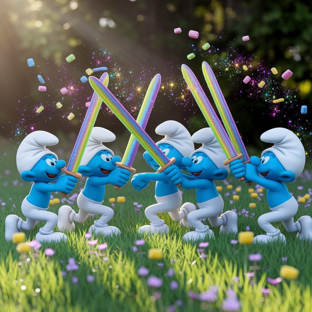 Smurfs Engage in Whimsical Rainbow Sword Fight in ... - AI Art