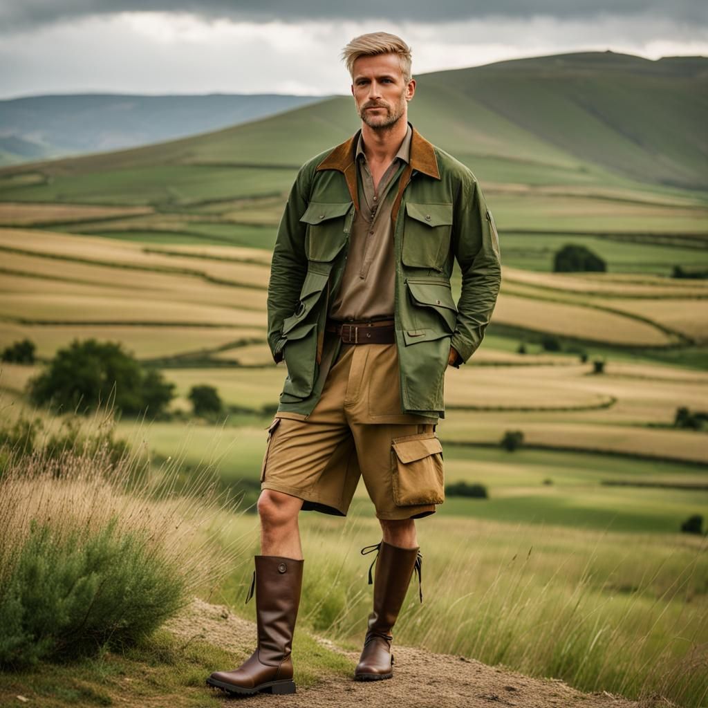 Unique male traveller's outfit: traditional gamekeeper's jacket, knee ...