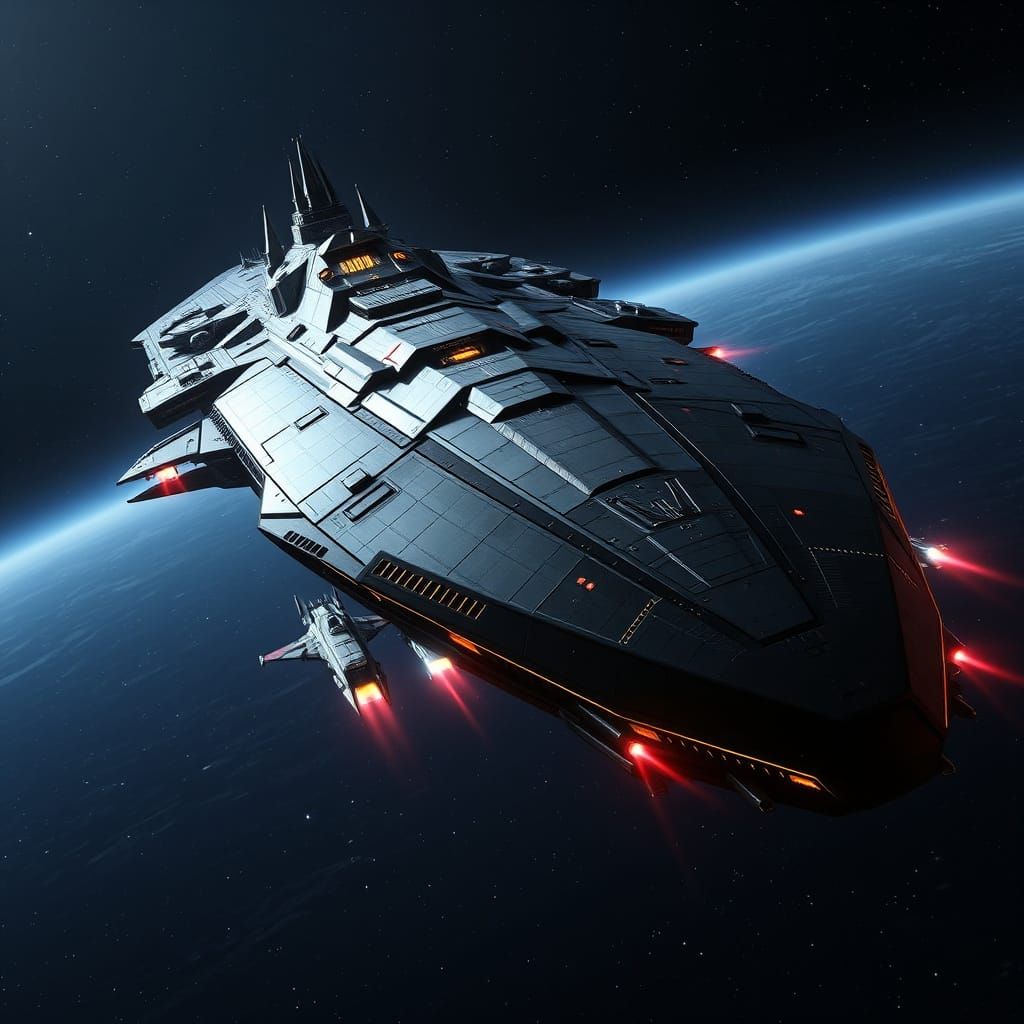 Colossal Starship Dominates the Void in Dark, Refl... - AI Art