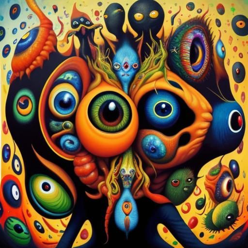 A captivating oil painting by a surrealist depicts surreal creatures ...