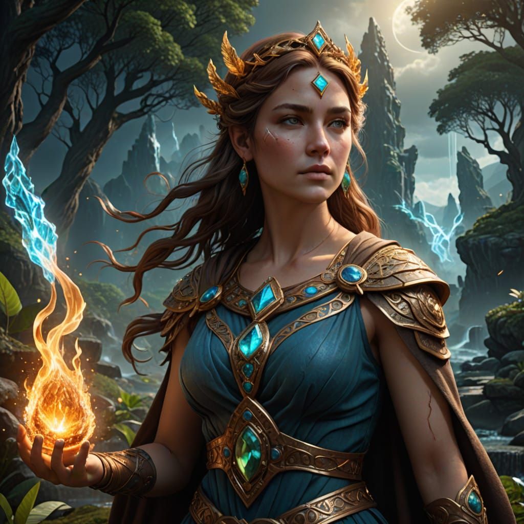 Goddess of the Elements in Beryl and Brown Hair - AI Art