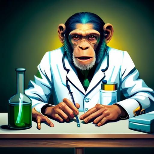 A chimpanzee doctor in a white lab coat looking at a lab bench. He ...