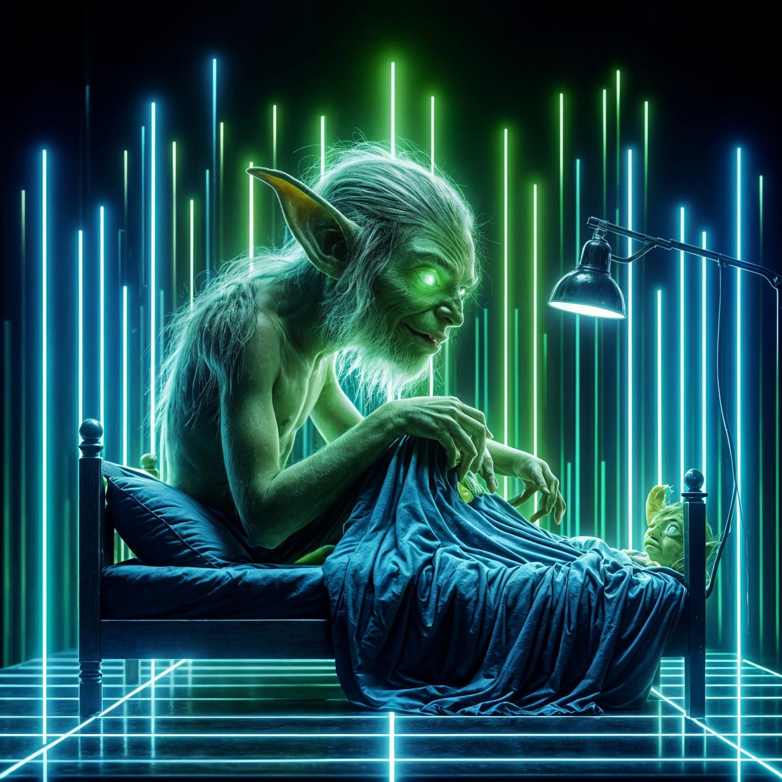 Cyberpunk Goblin Takes Cover Under Neon-Lit Bed - AI Art