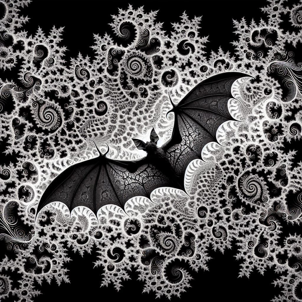 close up of a bat flying through the air, an intricate fractal black ...