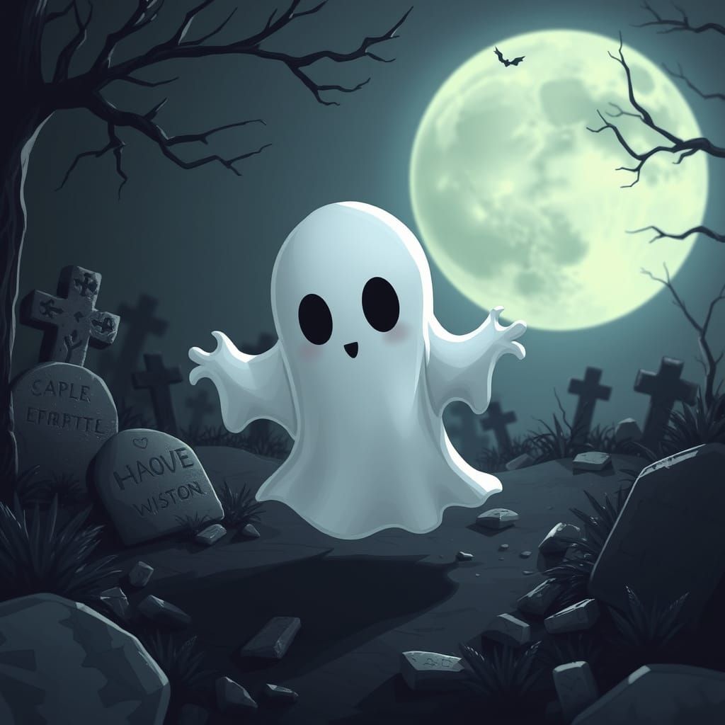 Spectral Entity Roams Spooky Graveyard at Night - AI Art