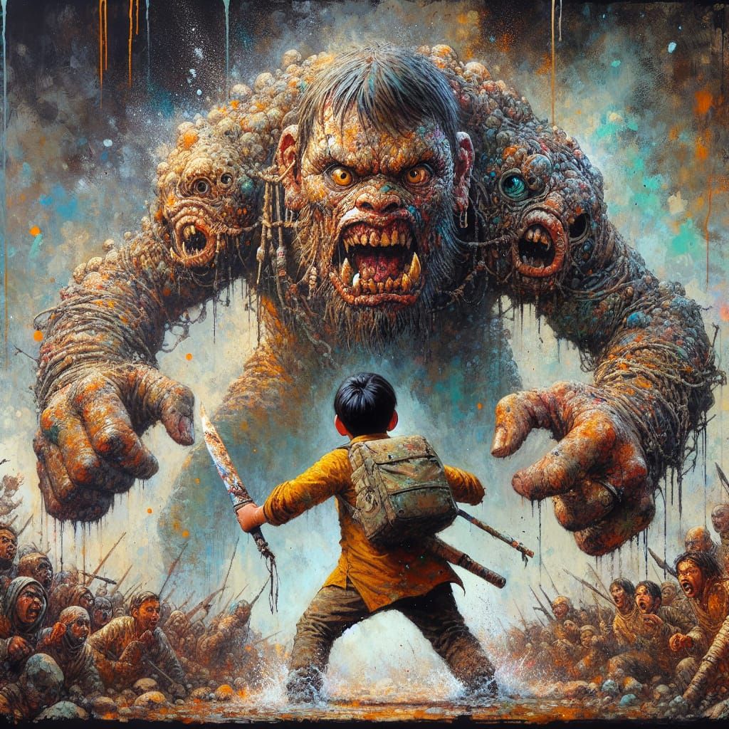 child warrior making a desperate final stand against a gigantic mutant ...