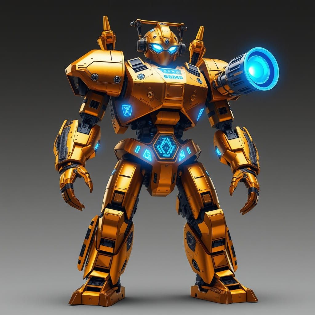 Industrial-Biomechanical Combat Robot in Golden Ar... - AI Art