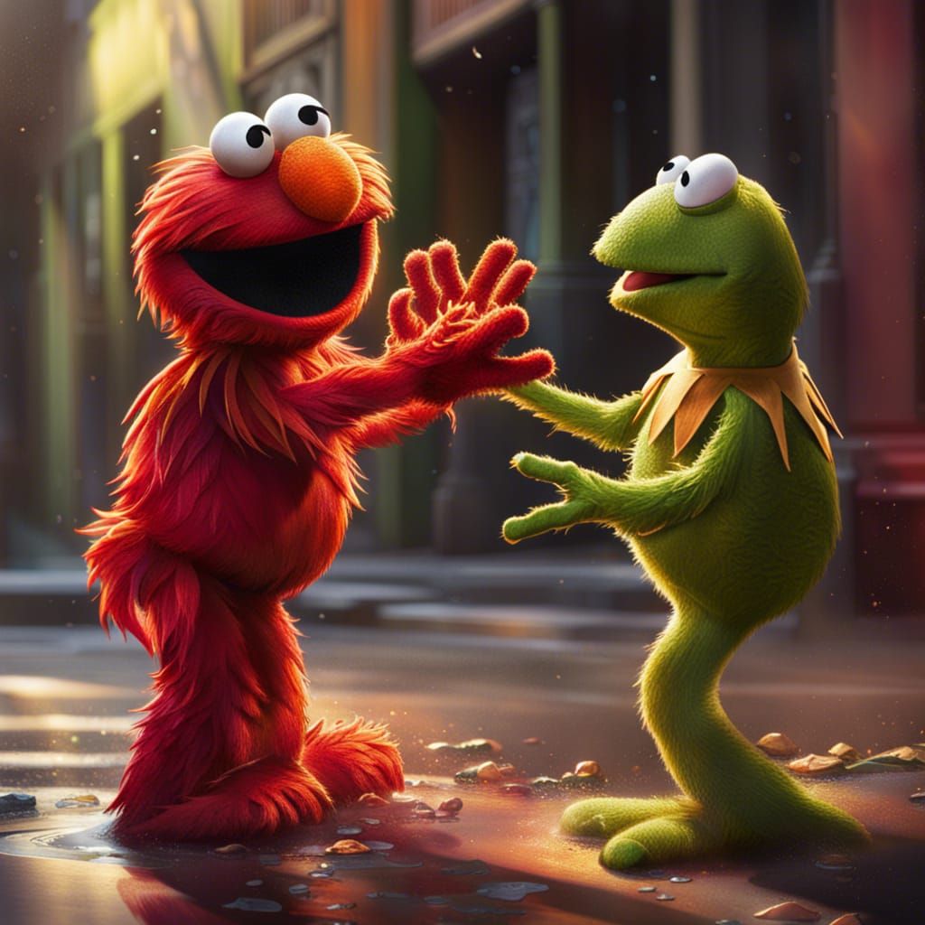 Elmo and Kermit doing a high five - AI Generated Artwork - NightCafe Creator