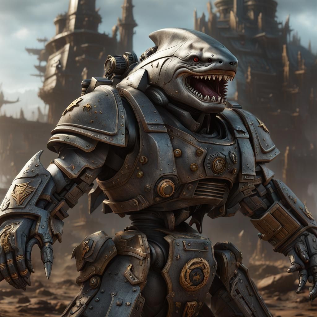 single image, full body, warhammer 40k shark head, intricate ornamented ...