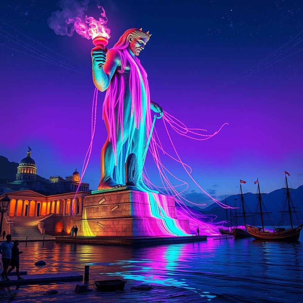 "A majestic colossal statue inspired by the Colossus of Rhodes ...