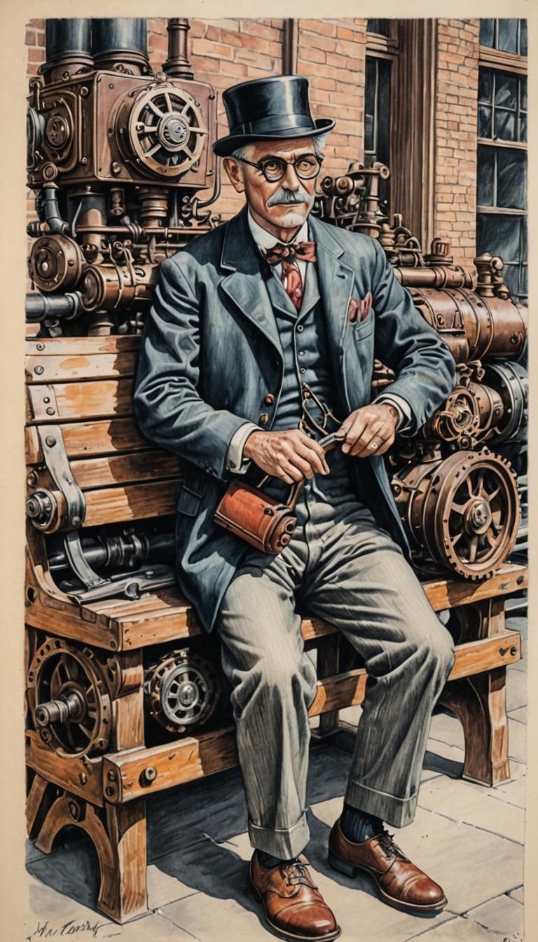 Whimsical crayon drawing of a gentleman of the '50s on a bench ...