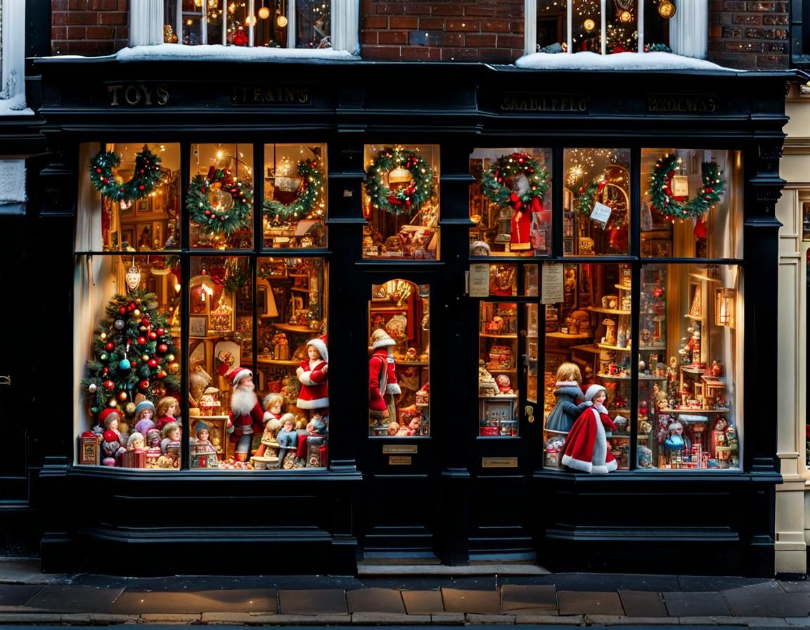 In idealized Victorian high street at Christmas, toy store window ...