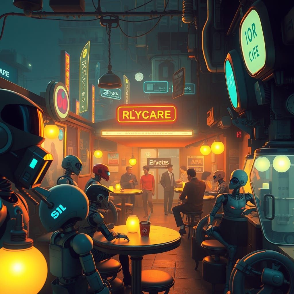 Robots Gather in a Vibrant Night Cafe, Illuminated... - AI Art