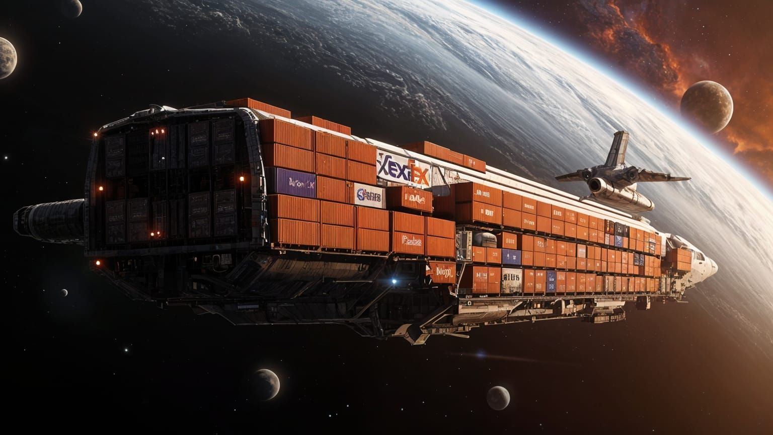 cargo spacecraft, rows of cargo containers line each side