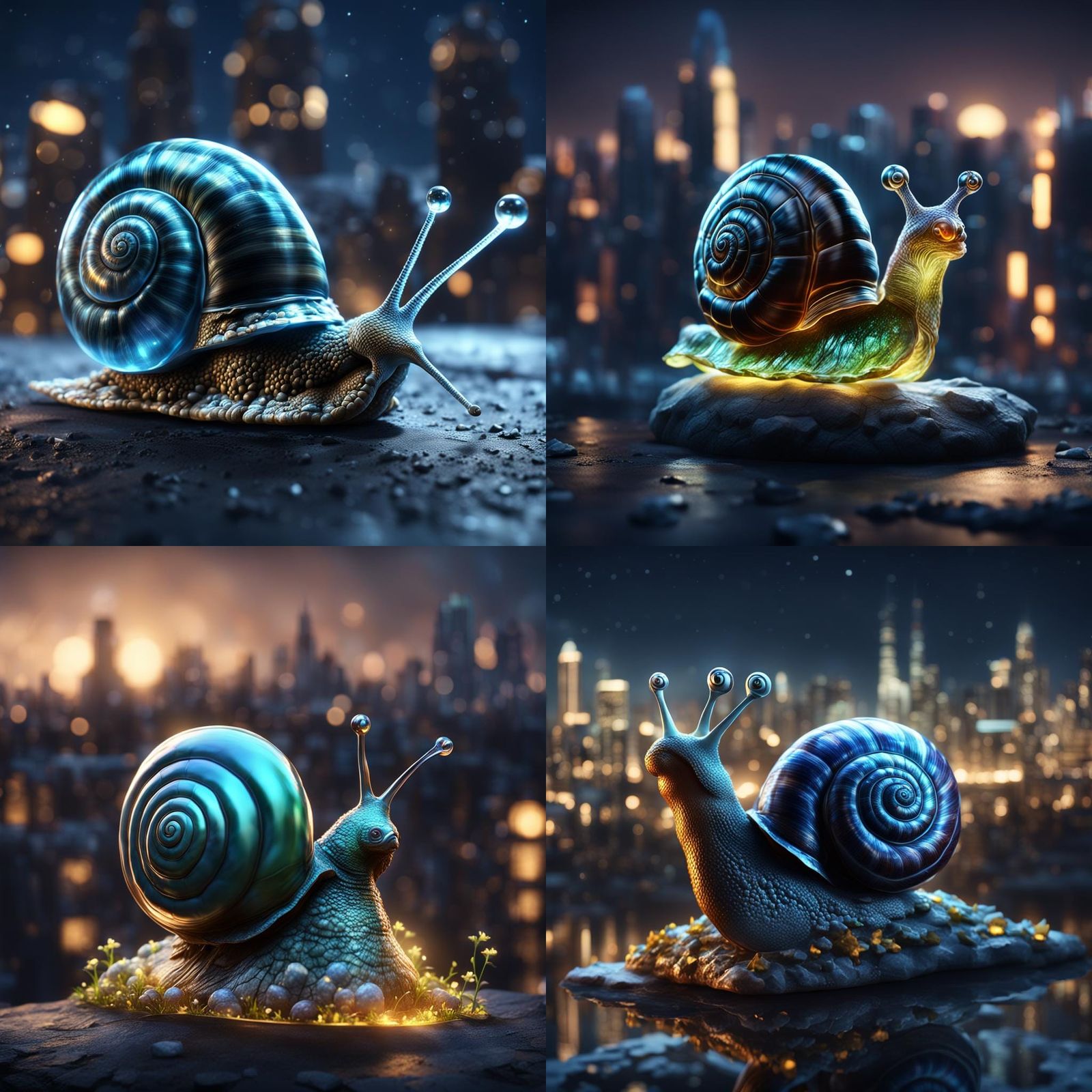 a stunning mystical magical glass snail at dark night with a city on ...