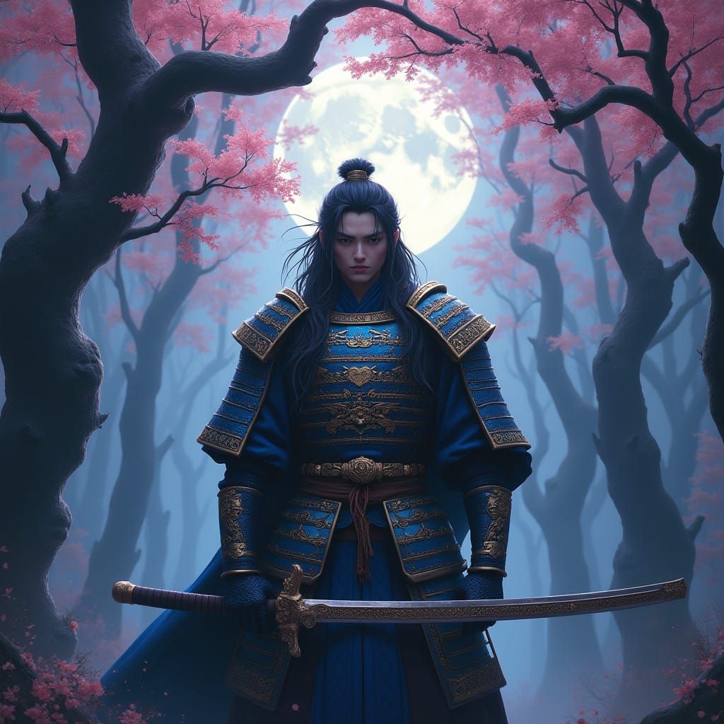 Samurai Nakano Kubota - Moonlit Samurai in Ethereal Cherry B...