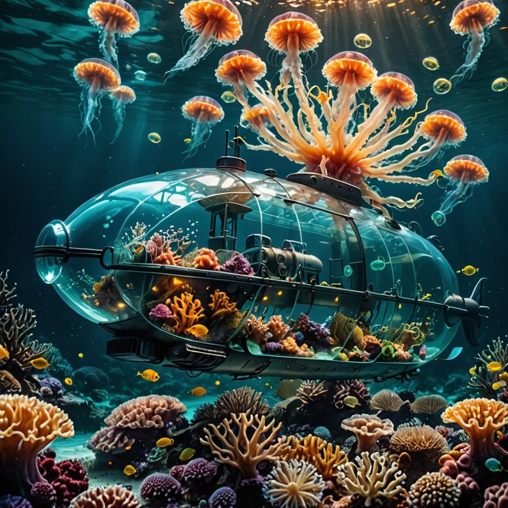 Underwater view of a huge fantastical glowing transparent glass ...