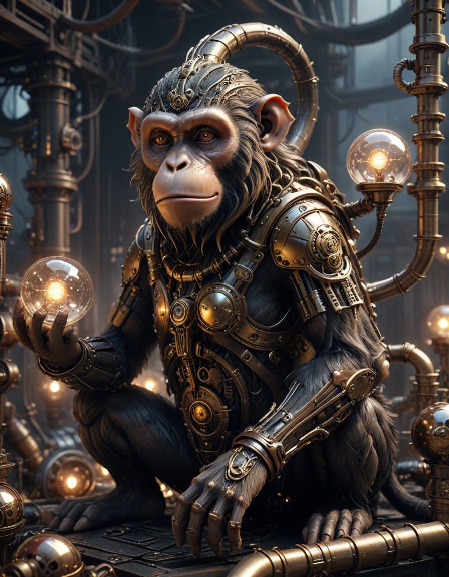 Eldritch Clockwork Monkey in an Industrial Metropo... - AI Art