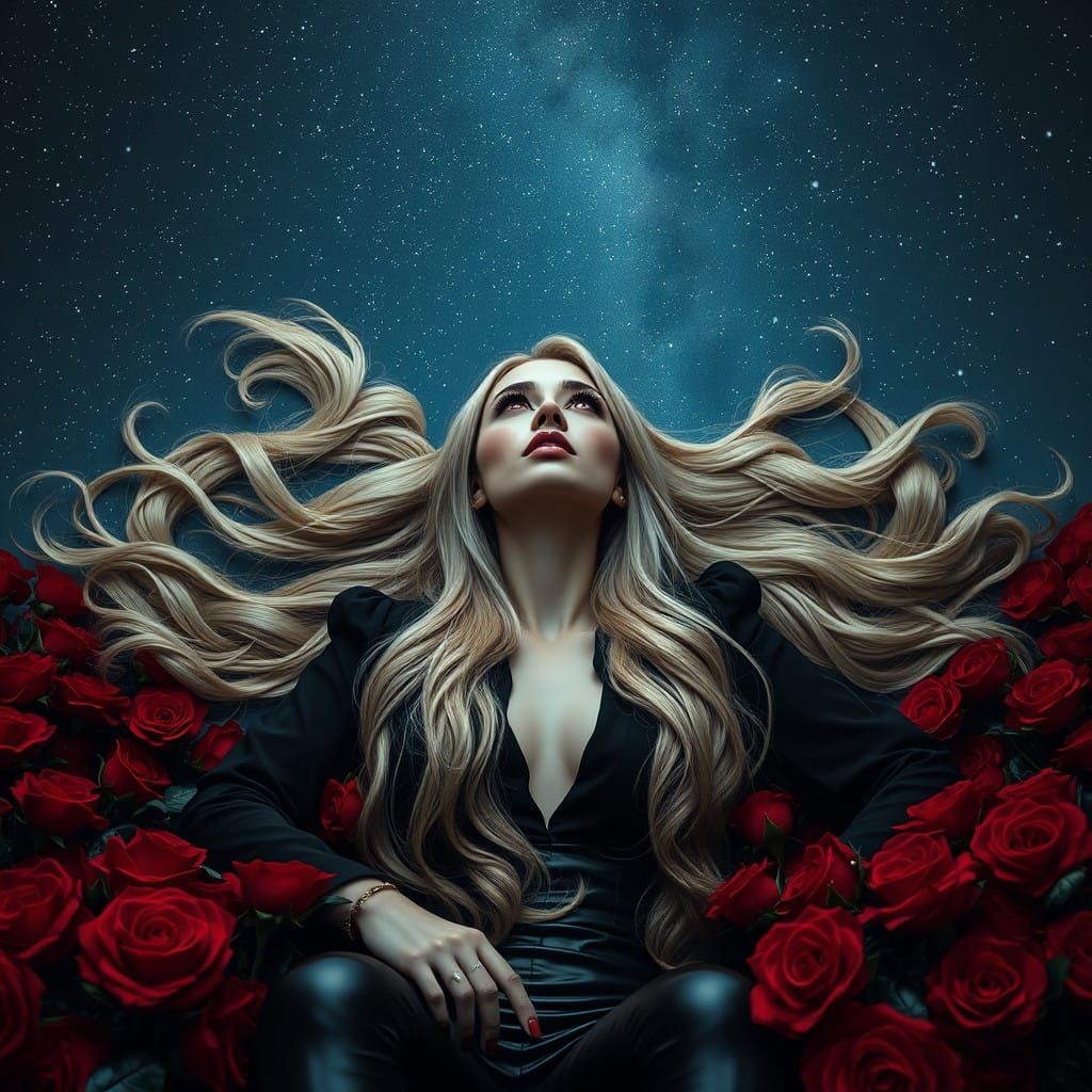 Beautiful women with deep red eyes and beautiful long blond hair, she ...