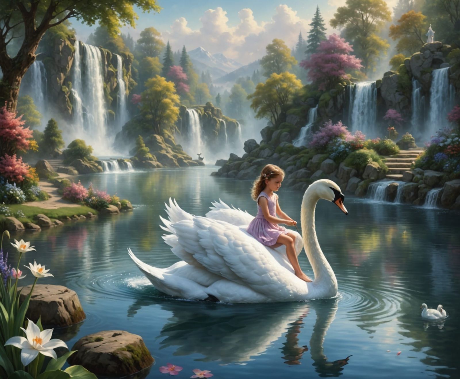 Ethereal Fantasy Scene of Girl Riding Swan on Sere... - AI Art