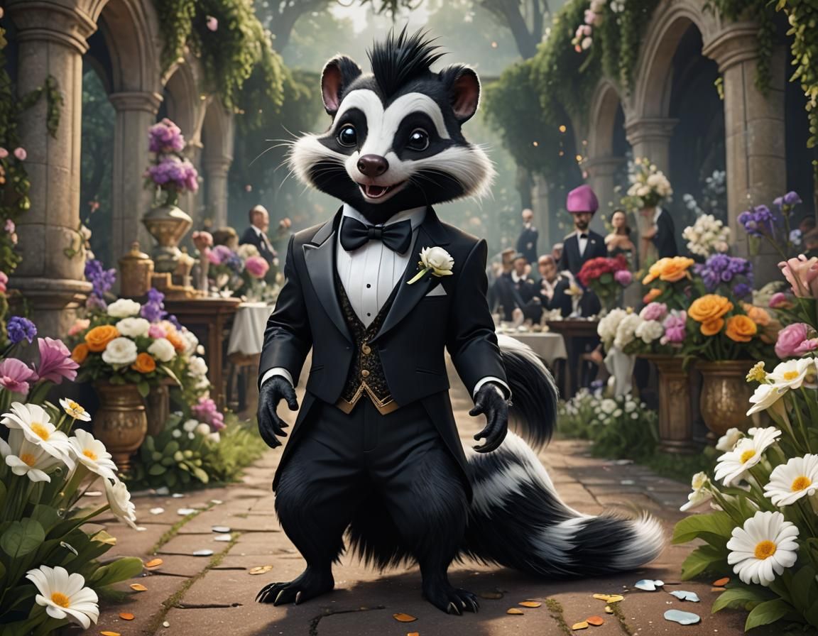 An anthropomorphic skunk wearing a tuxedo at a skunk wedding. - AI ...