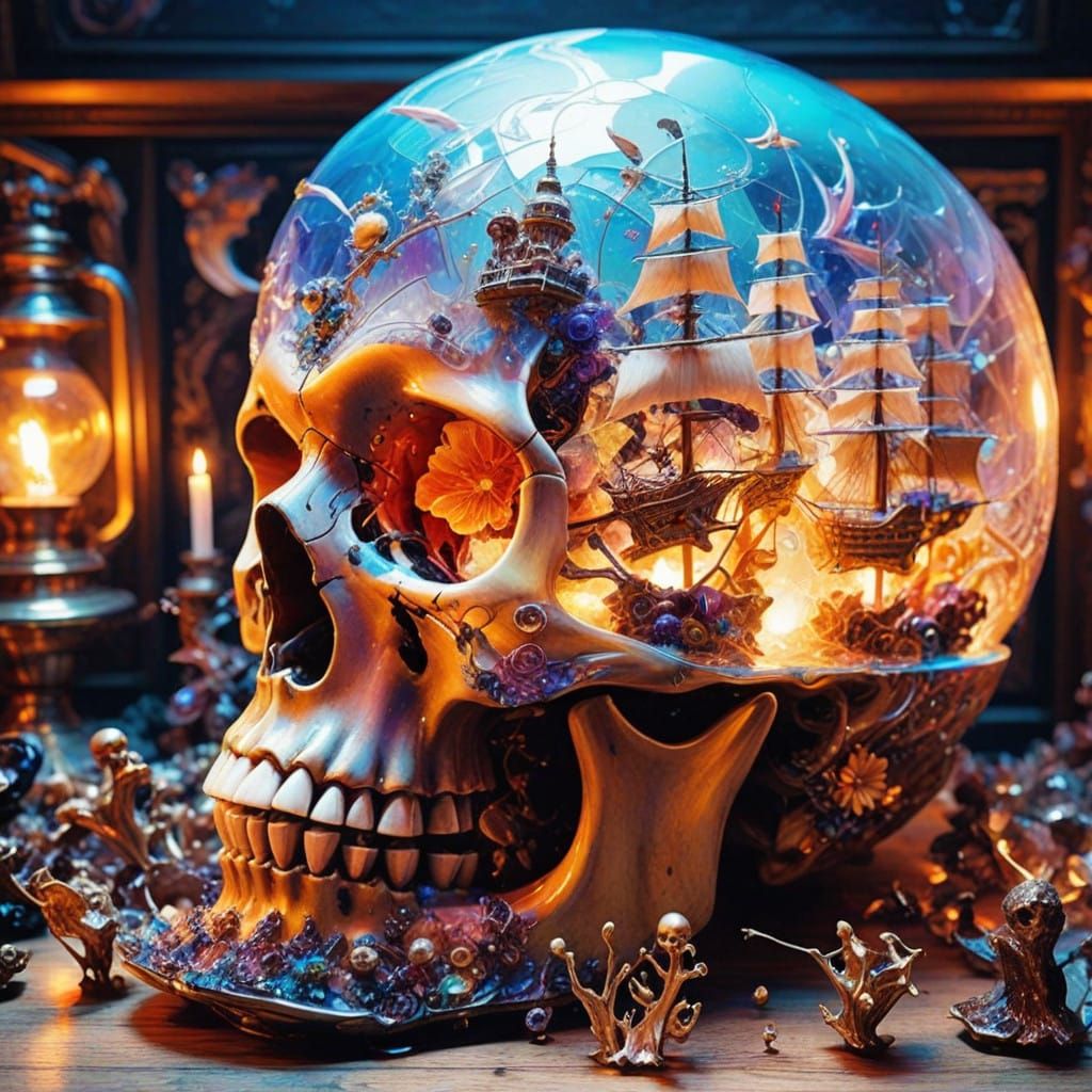 Surreal Skull Adorned with Iridescent Crown and Gl... - AI Art