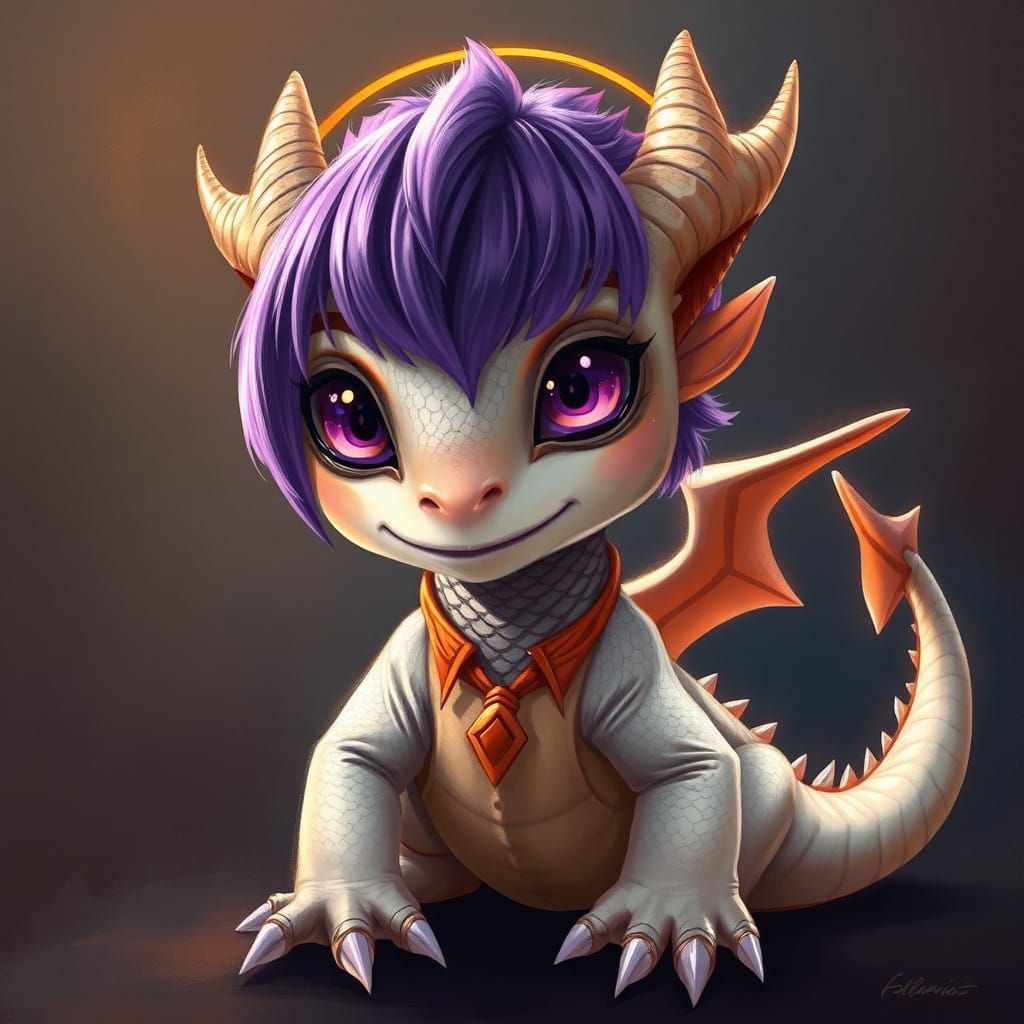 This calm male dragonling has deep-set purple eyes that are like two ...