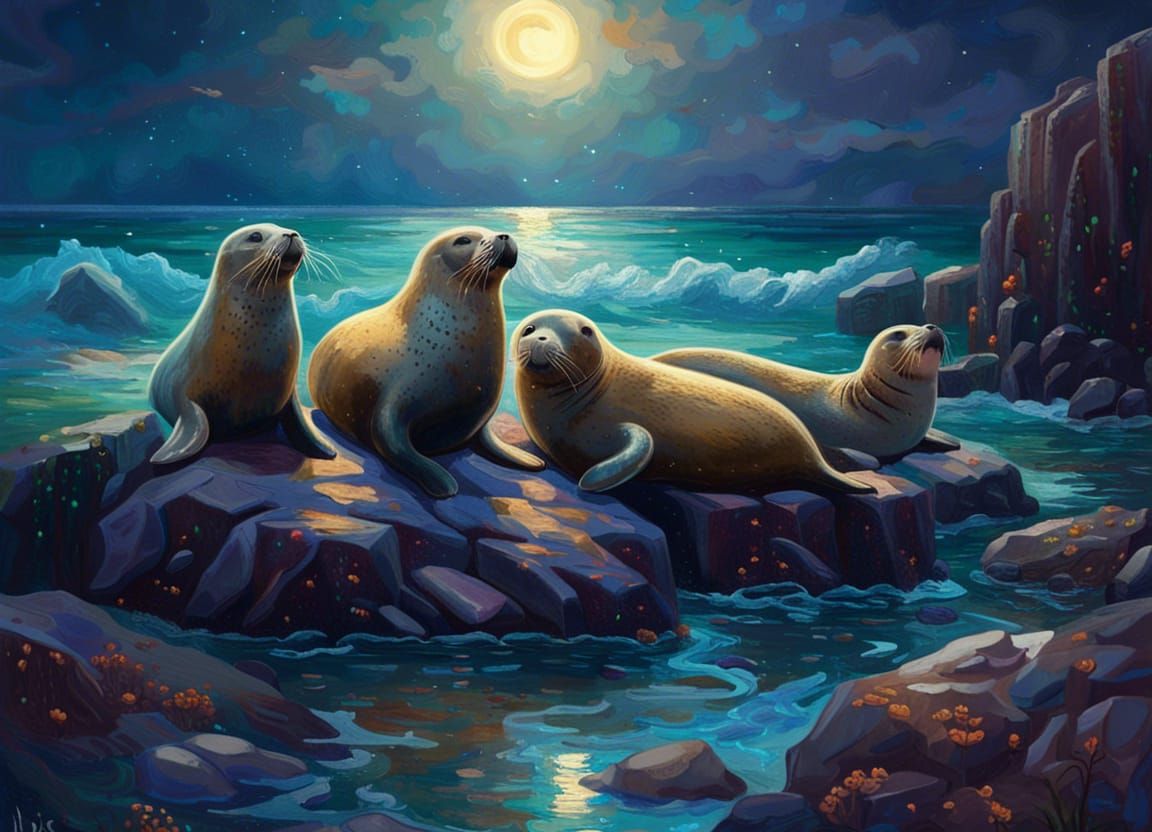 Seals Basking in the Moonlight - AI Generated Artwork - NightCafe Creator