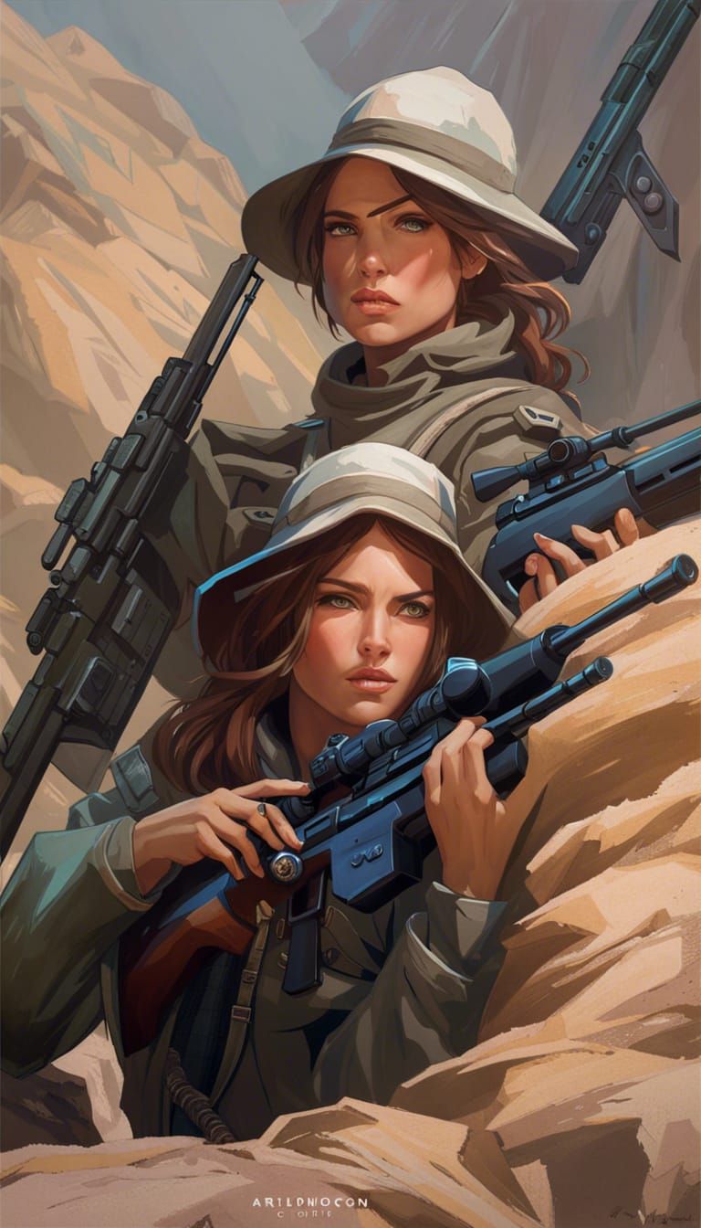 2 beautiful female snipers on a rocky hillside head and shoulders portrait, 8k resolution ...