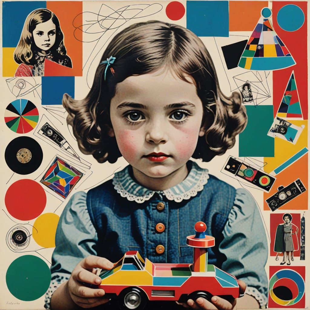 Joy - Girl Child Plays with Vintage Toy Collage