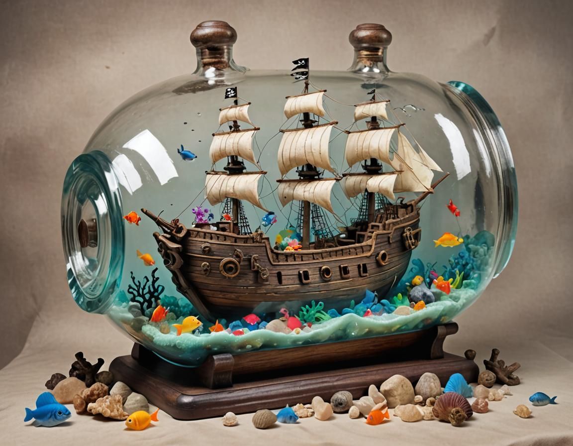 An old shipwrecked pirate ship in a bottle with colorful fish swimming ...