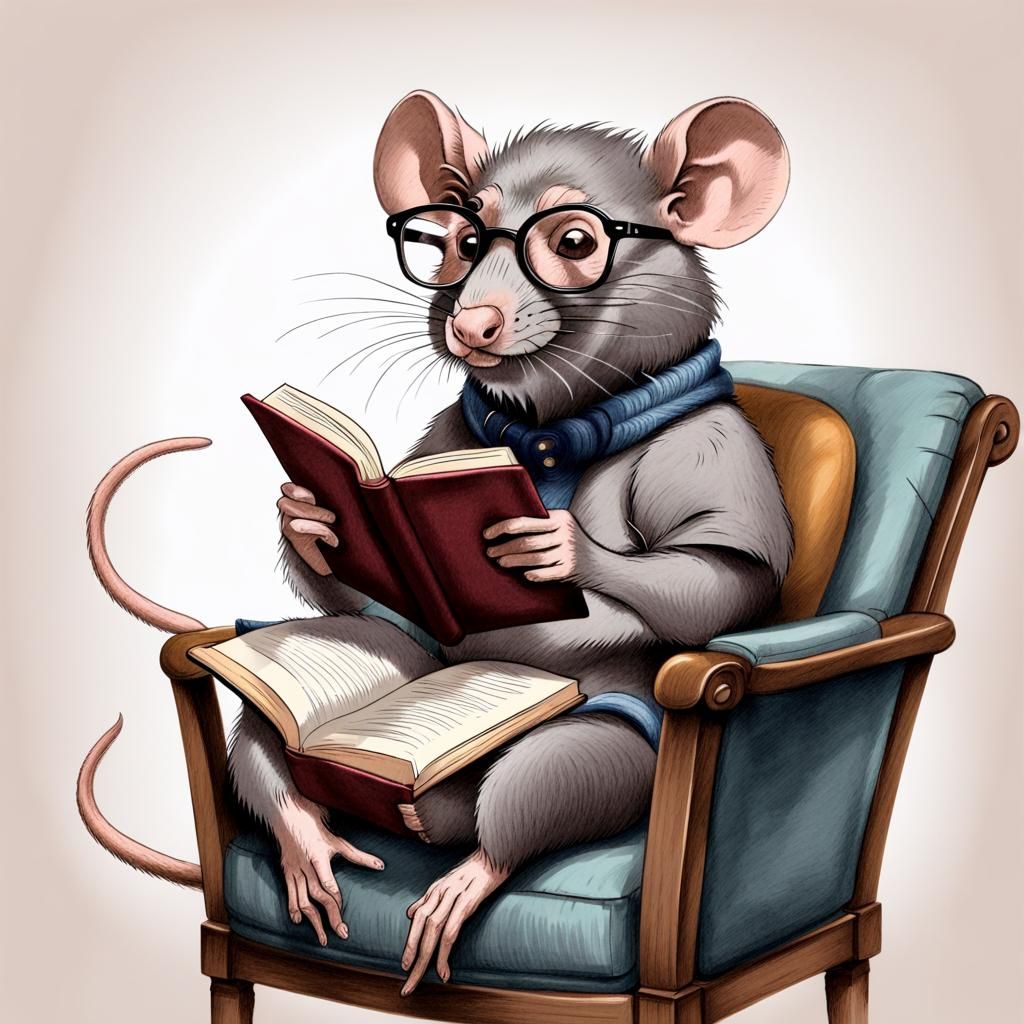 Pencil drawing style. Rat with glasses reading a book, comfortable in a ...