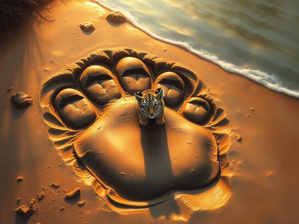 Gigantic Tiger Footprint with Tiny Cub Inside, Riv... - AI Art