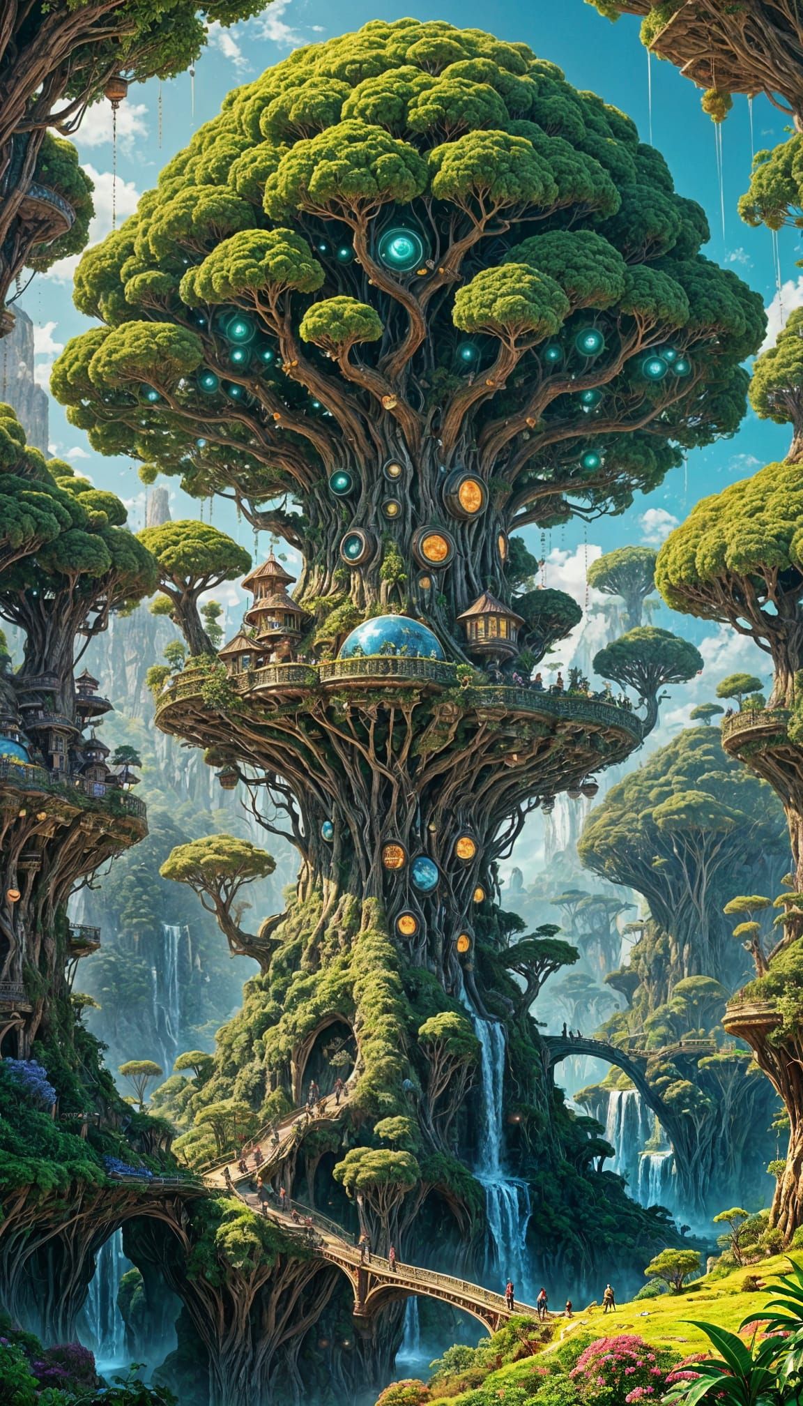 A solarpunk settlement built within the branches of a giant cosmic tree ...