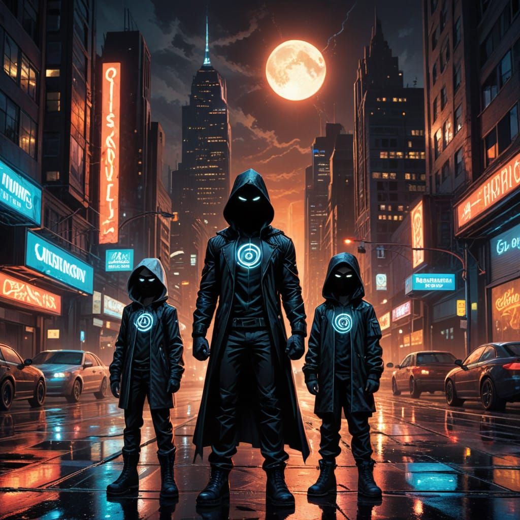 Shadowy Super-Hero Kids Stand Tall on Urban City S... - AI Art