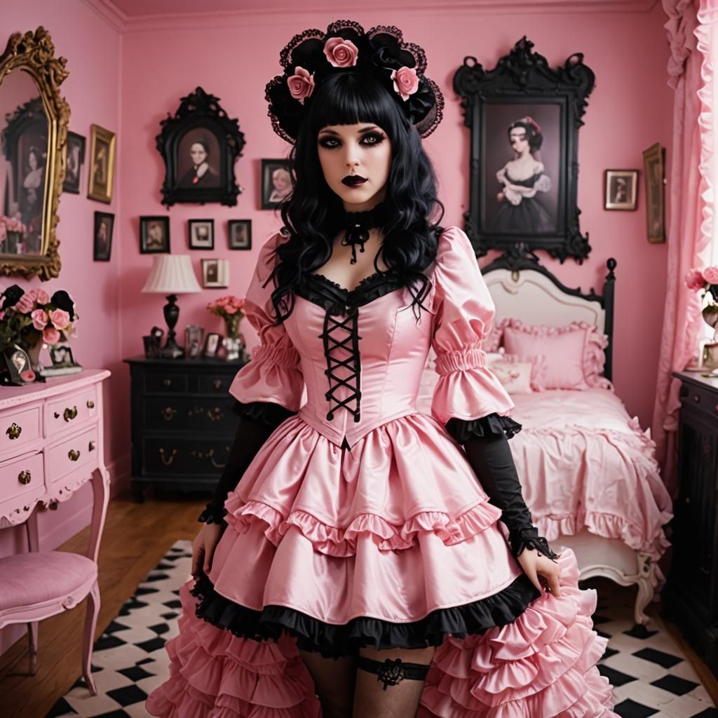 Cute Perky Goth in a Pink Room 4 - AI Generated Artwork - NightCafe Creator