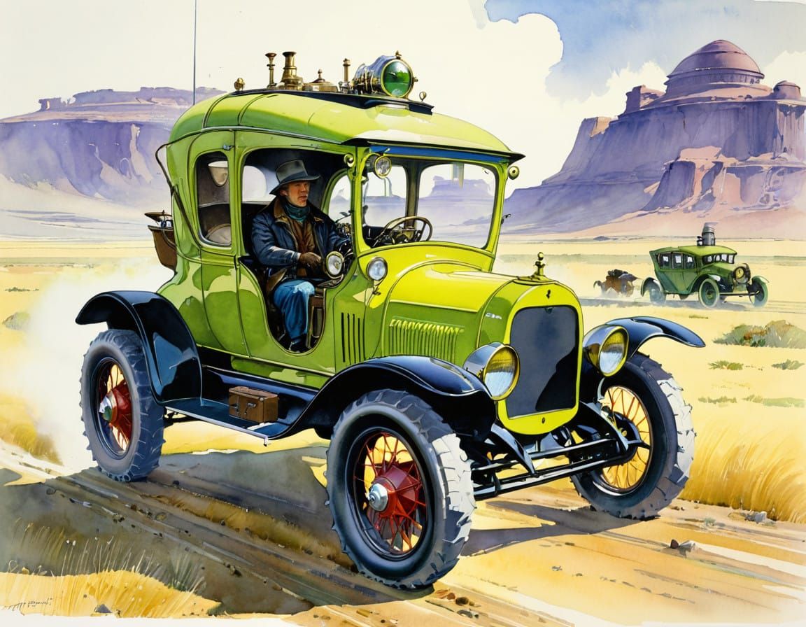 Steampunk Jalopy Driven by a Chartreuse Alien in a... - AI Art