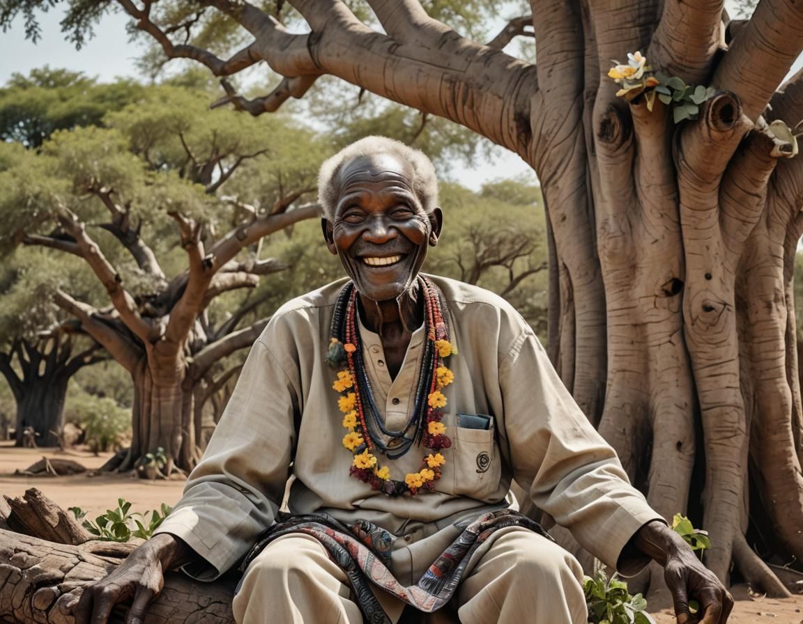 Excellent hyperrealistic photo, a very old smiling African grandfather ...