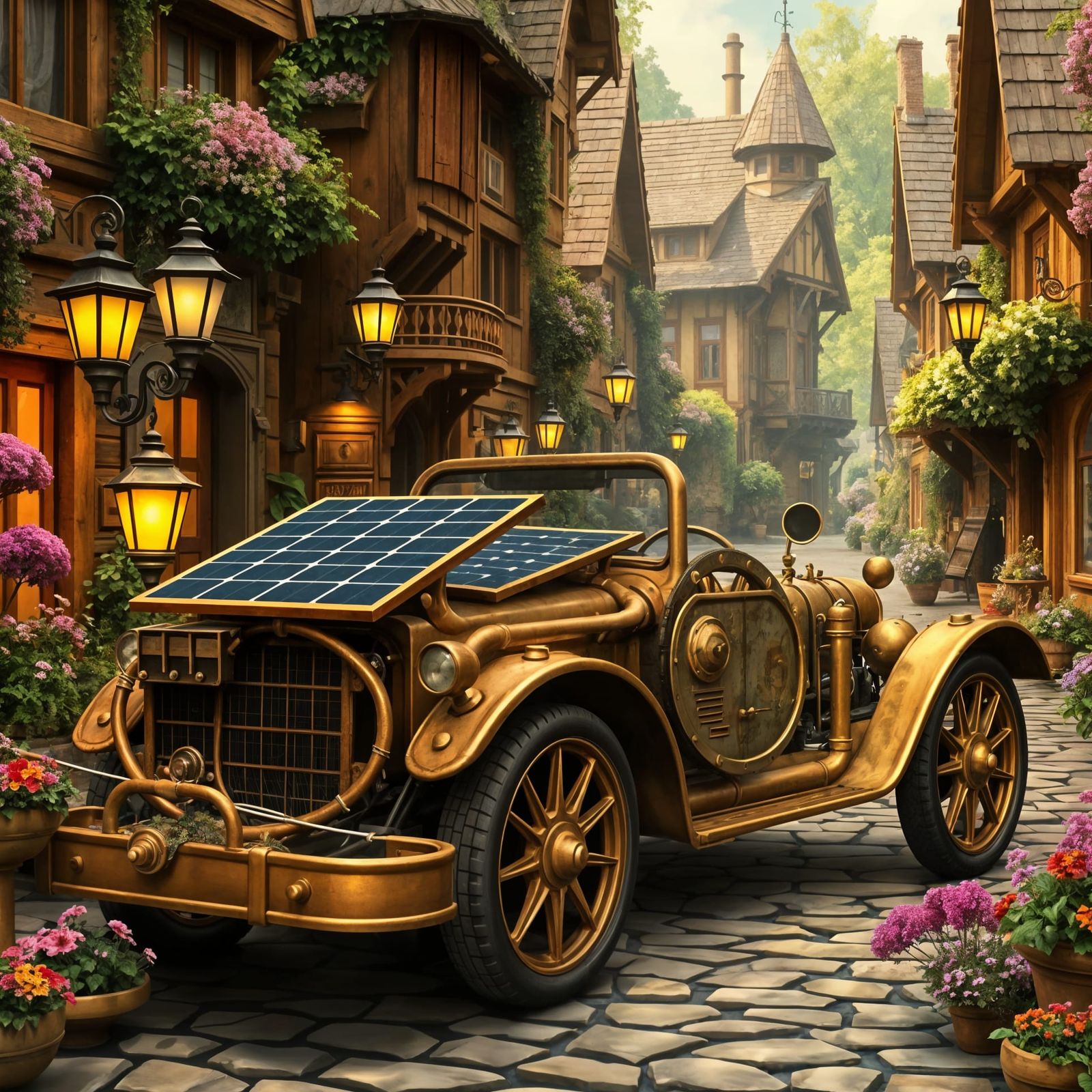 a Steampunk Solarpunk, Solar Powered Car