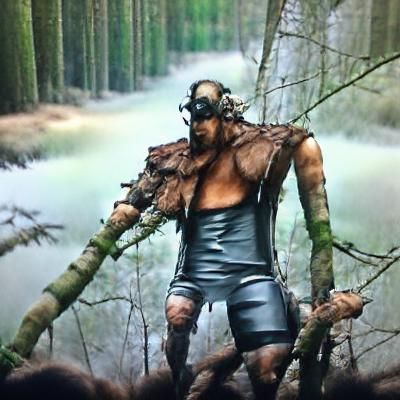 in the forest, there is a post-apocalyptic human barbarian wearing ...