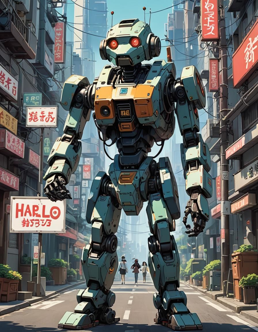 (cute anime art of a Robot Girl holding a Sign, Robot with a sign in ...