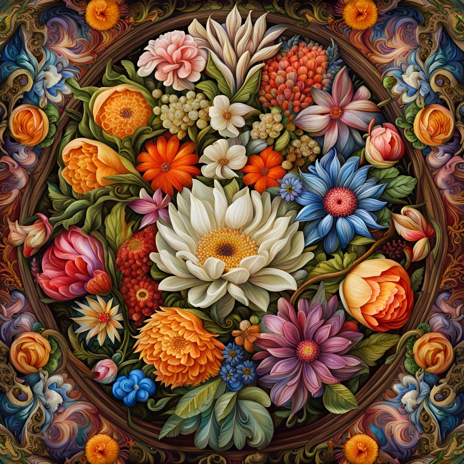 an ultra hd detailed painting of many different types of flowers ...
