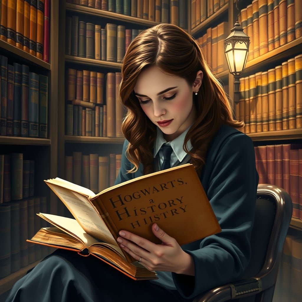 Hermione reading the book "Hogwarts, a History"
