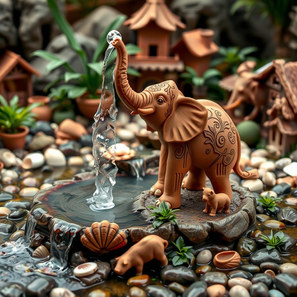 Clay Fountain - Serene Clay Fountain with Majestic Elephant...