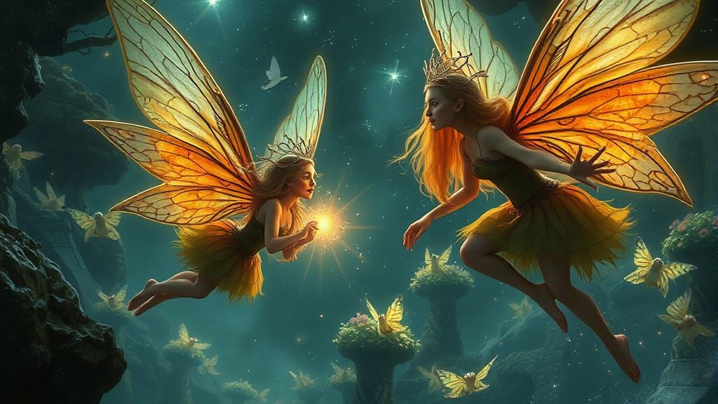 Mystical Fairies in a Shimmering Silk Spectacle - AI Art