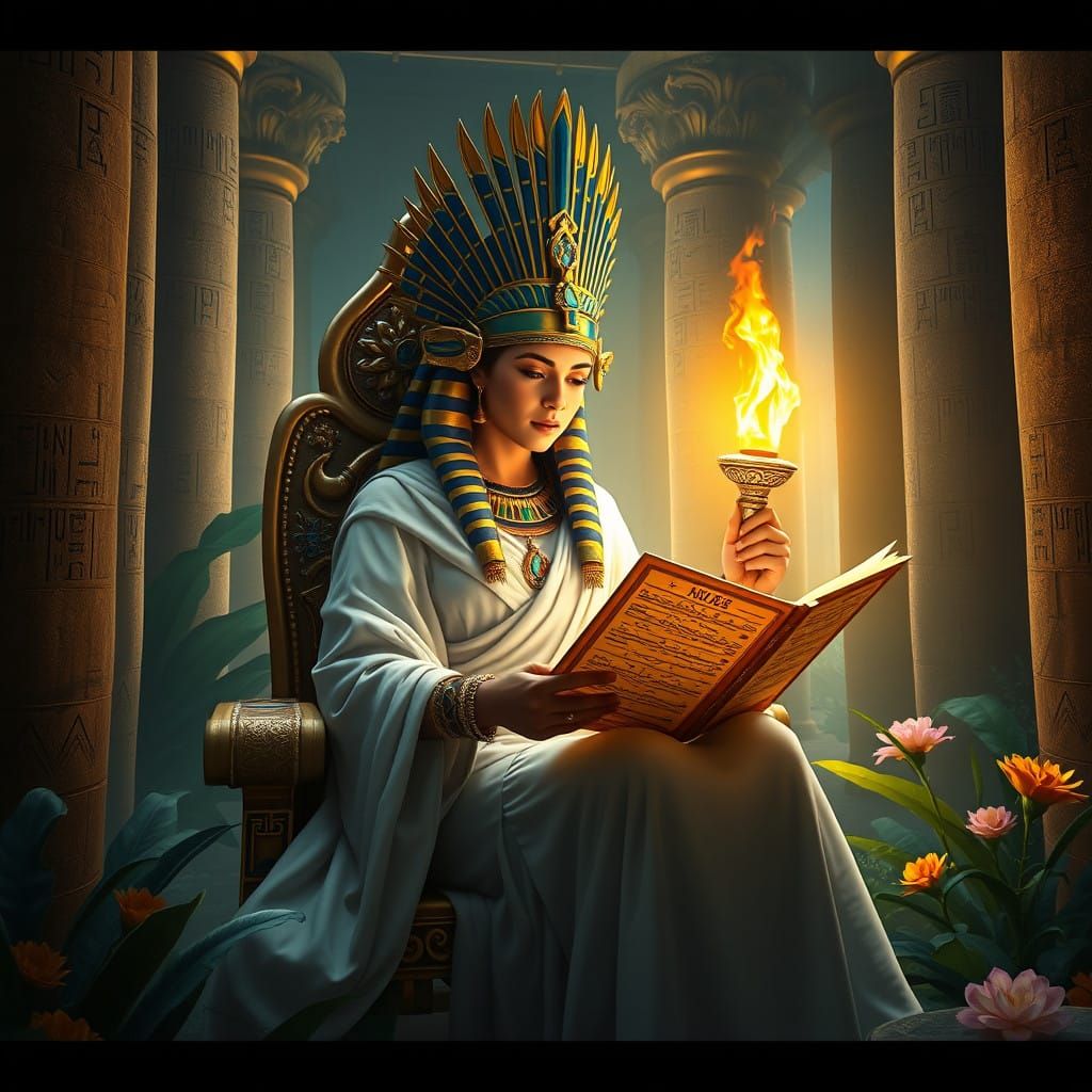 Egyptian goddess reading hieroglyphics with a jewel adorned torch in a ...