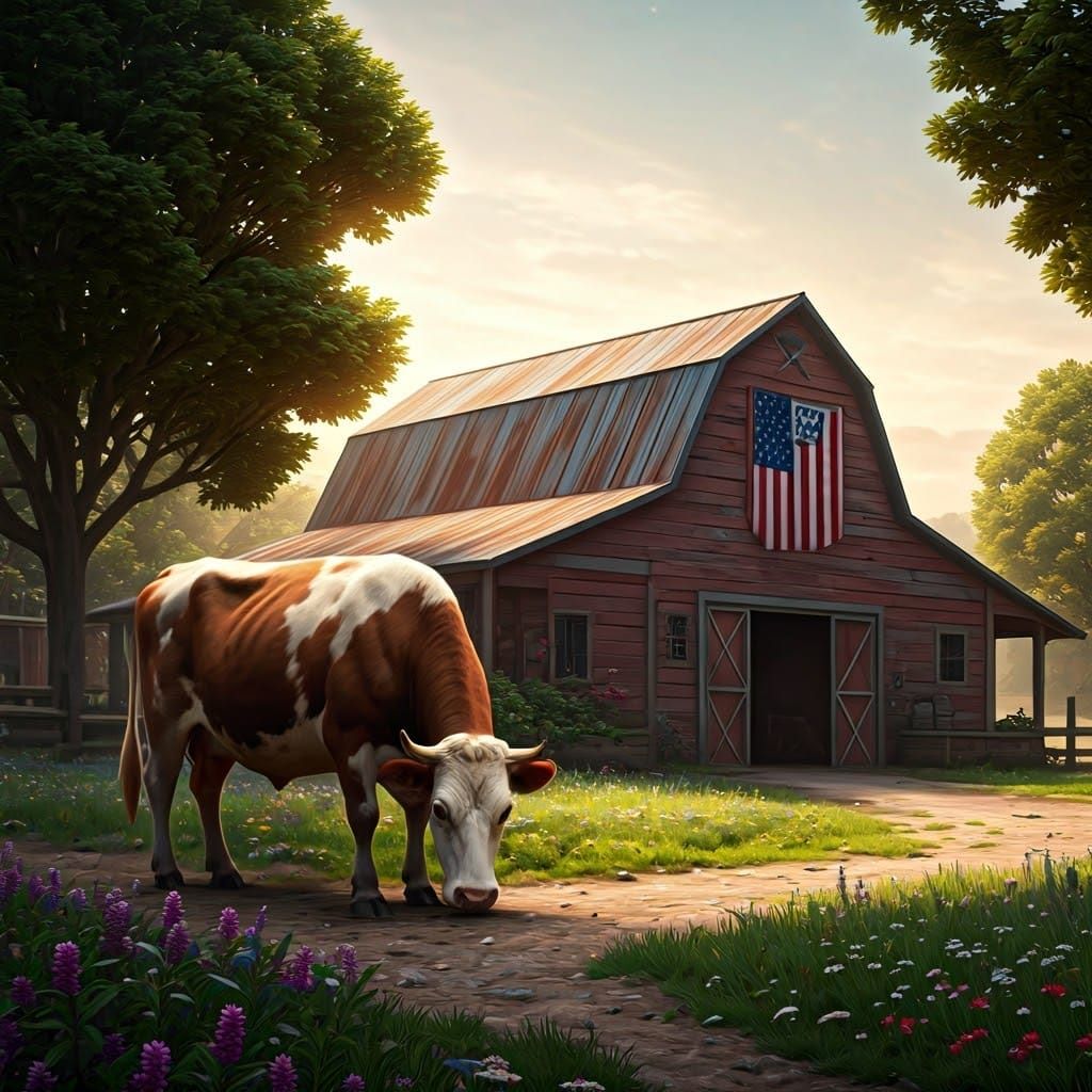 Peaceful Rural Scene with Patriotic Barn - AI Art
